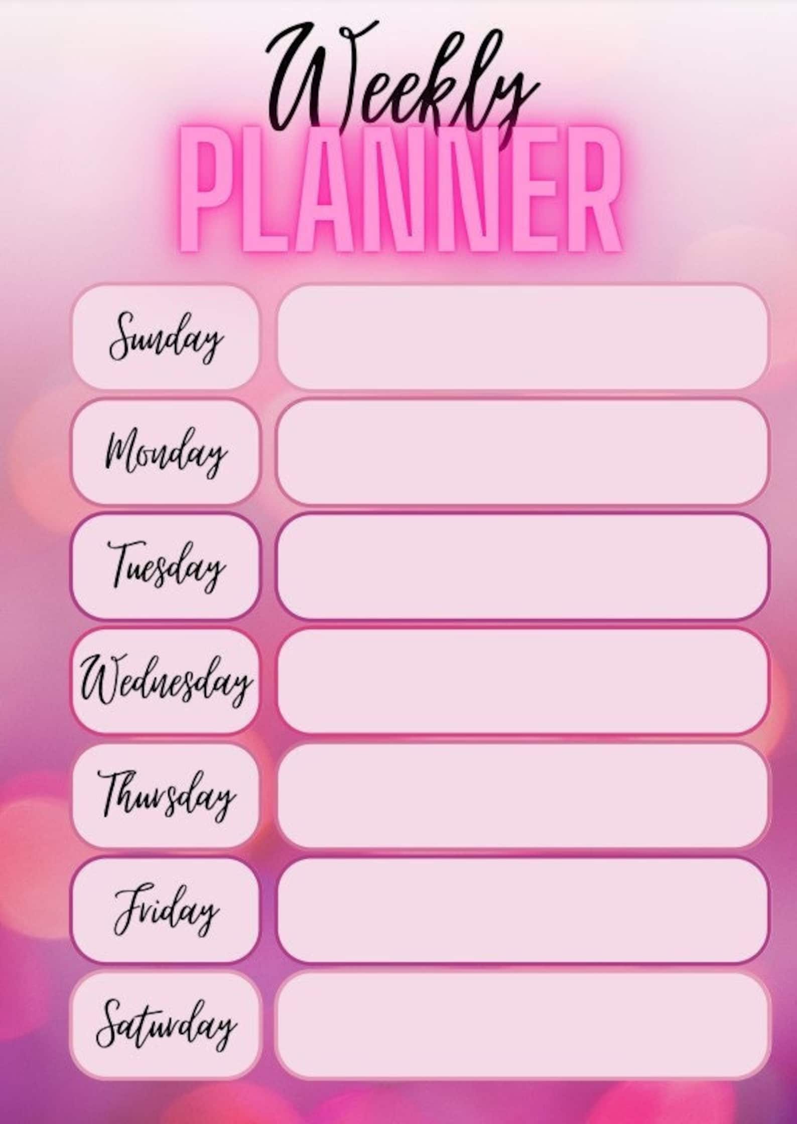 Pink Weekly Planner - Digital PDF - Sunday to Saturday - Monday to ...