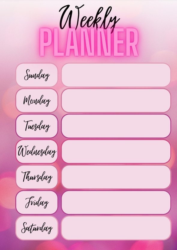 Pink Weekly Planner - Digital PDF - Sunday to Saturday - Monday to ...