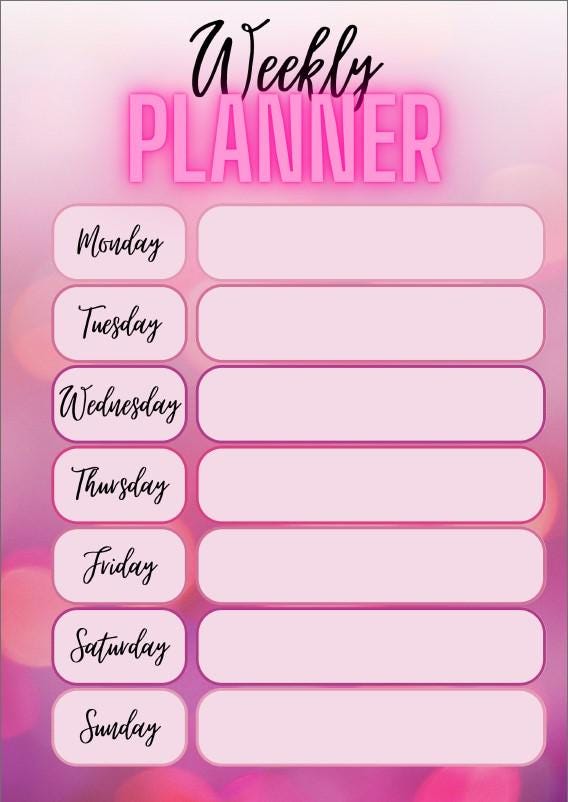 Pink Weekly Planner - Digital PDF - Sunday to Saturday - Monday to ...