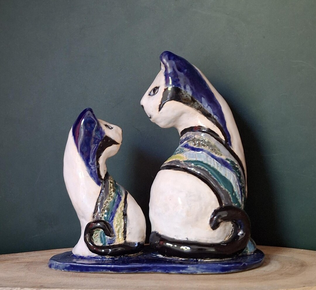 Handcrafted Ceramic Cat Figurines – Mother and Kitten, Teal & Blue ...