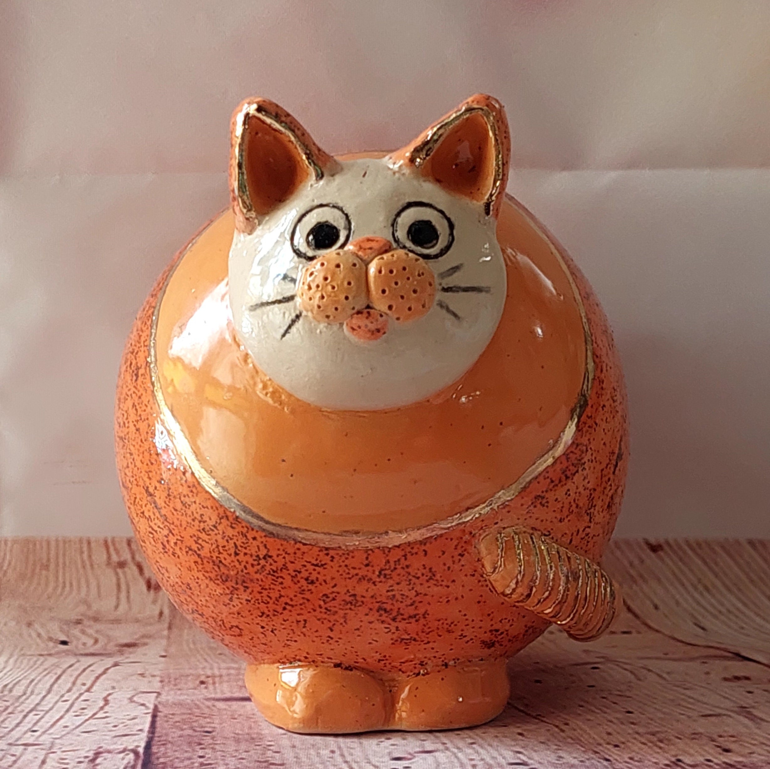 Ceramic Cat Sculpture, Orange Cat Sphere Sculpture, Pottery Cat Décor ...