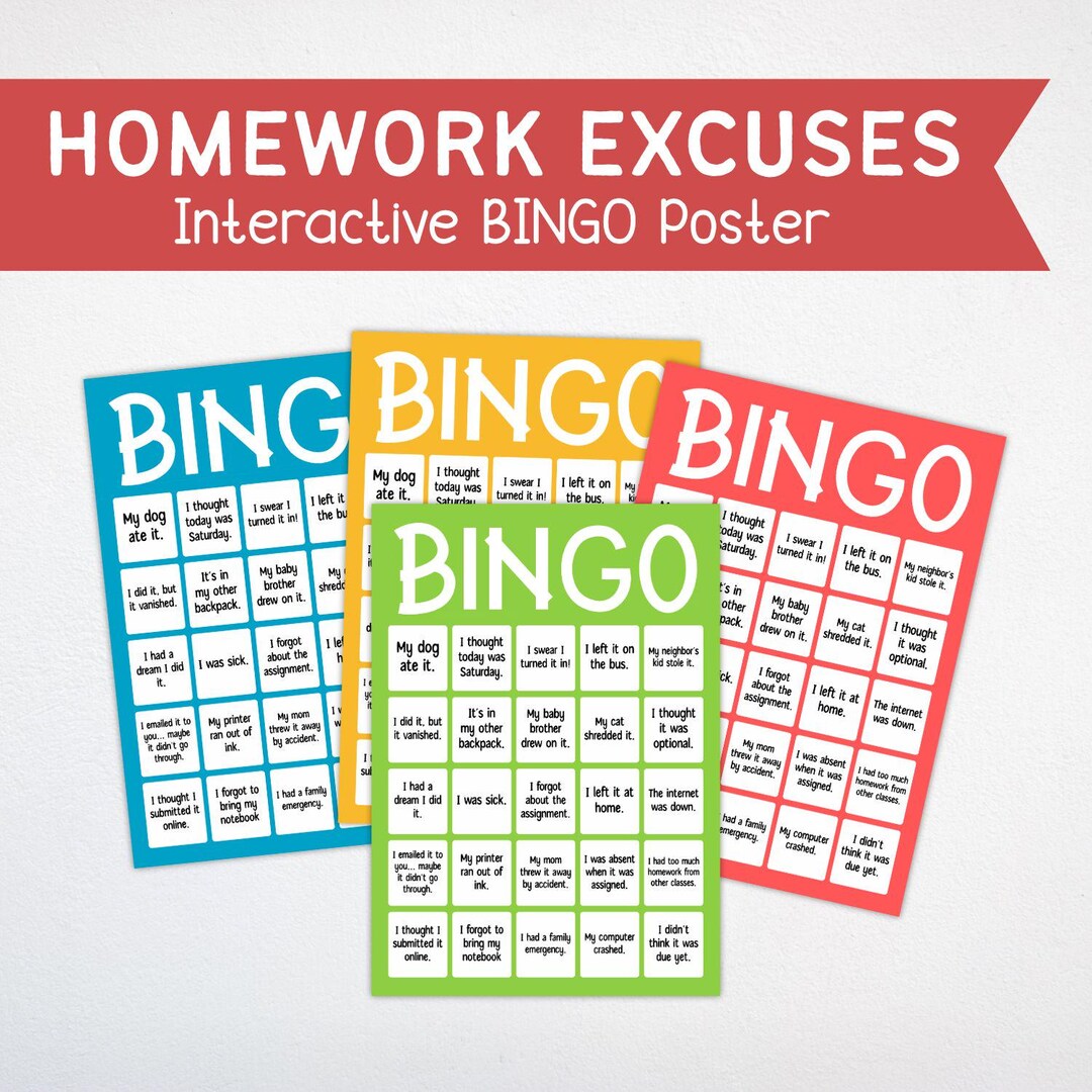 Homework Excuses Bingo for Classroom, Funny Interactive Poster, Fun ...