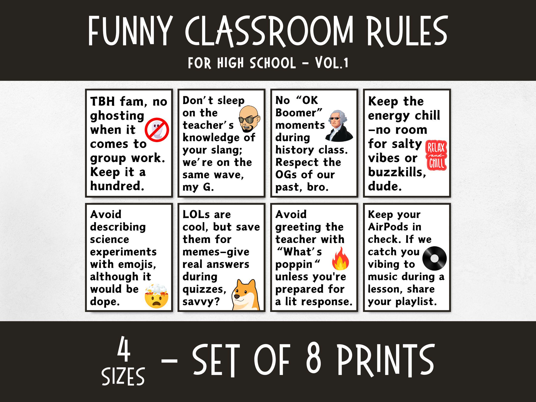 Funny Classroom Rules Printable Posters for High School, Classroom ...