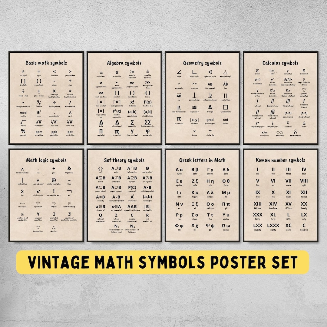 Set of 8 Vintage Mathematics Symbols Printable Posters, Math Classroom ...