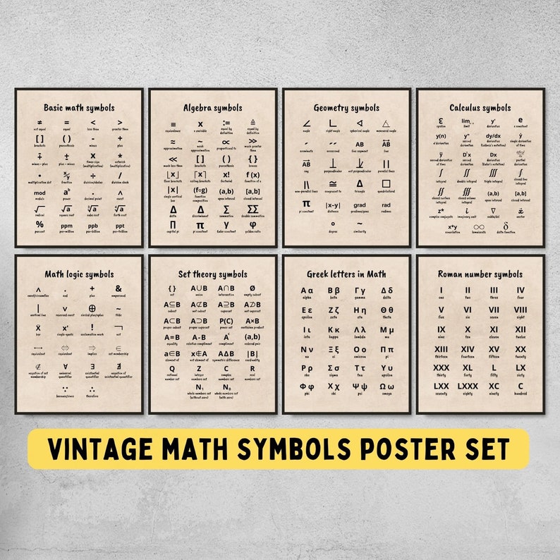 Set of 8 Vintage Mathematics Symbols Printable Posters, Math Classroom ...
