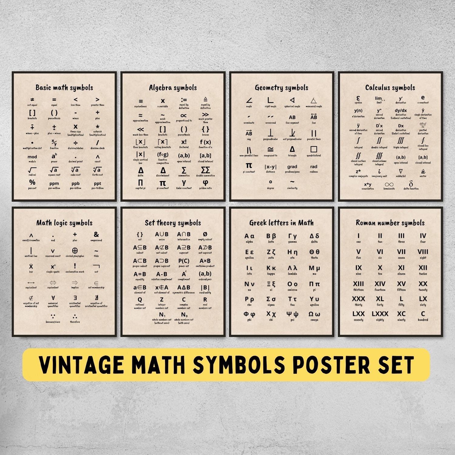 Set of 8 Vintage Mathematics Symbols Printable Posters, Math Classroom ...