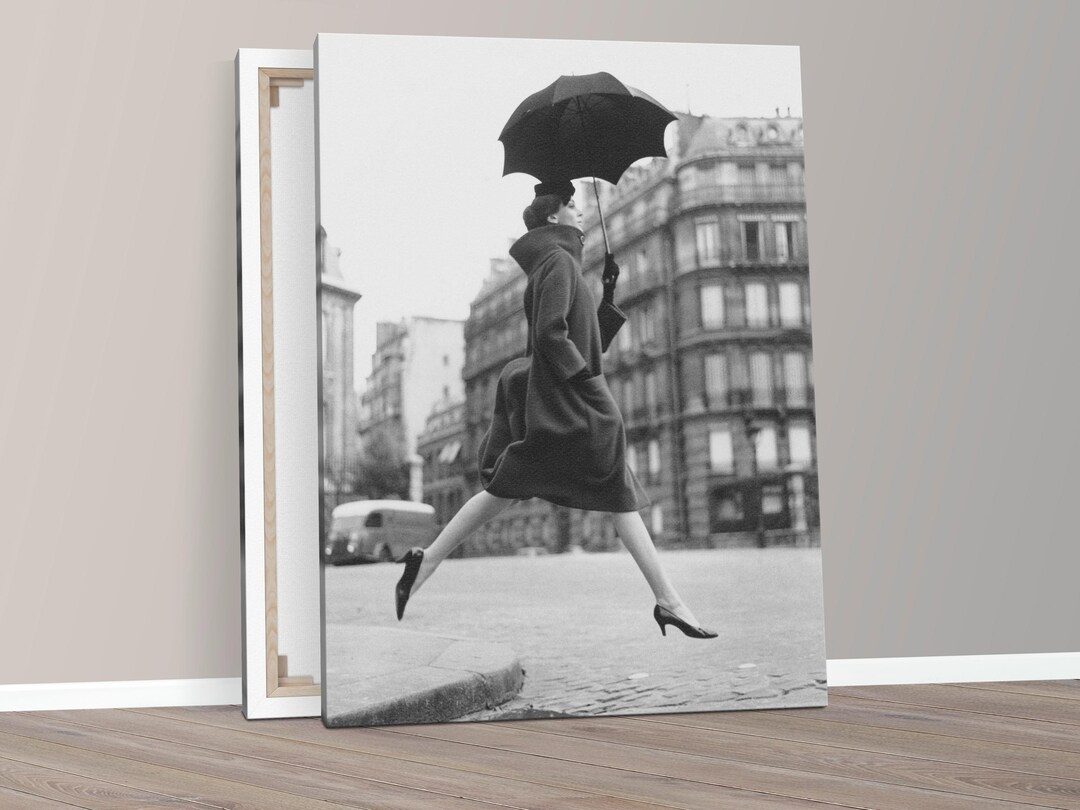 Fine Art Canva of Carmen Jumping Over Puddle in Street With Umbrella ...