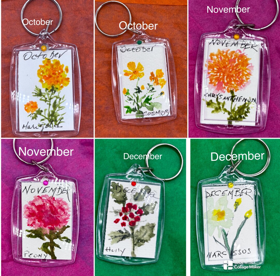 Birth Month Flower Keychain Hand Painted Watercolor Birth Month Flower ...
