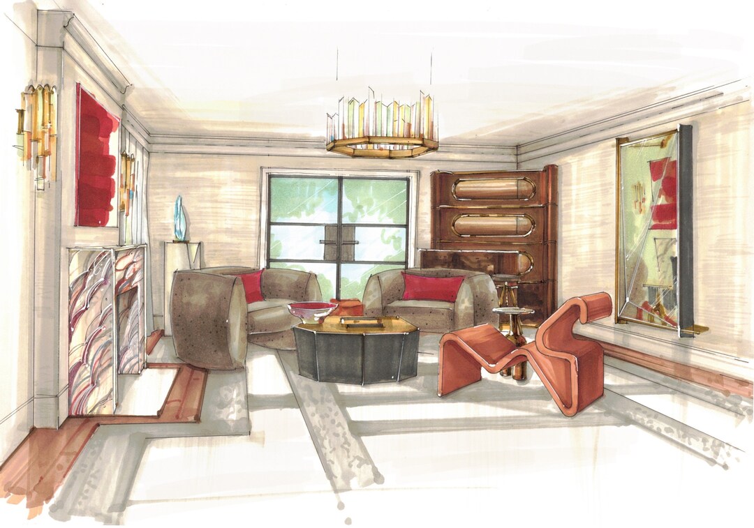 Interior Hand Drawn Render. Custom Interior Sketch Drawing. Concept ...