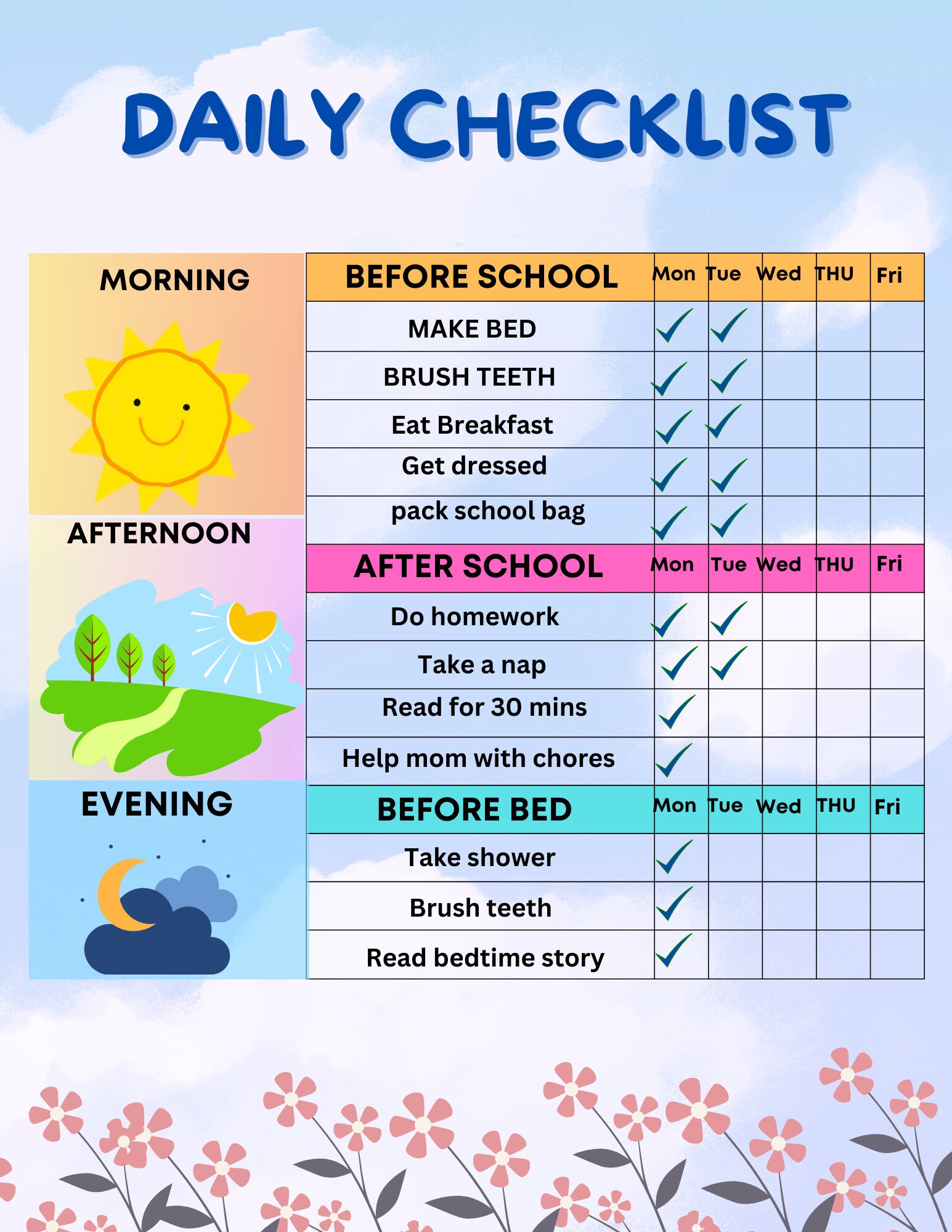 Kids Daily Checklist Printable Editable Daily Schedule - Etsy