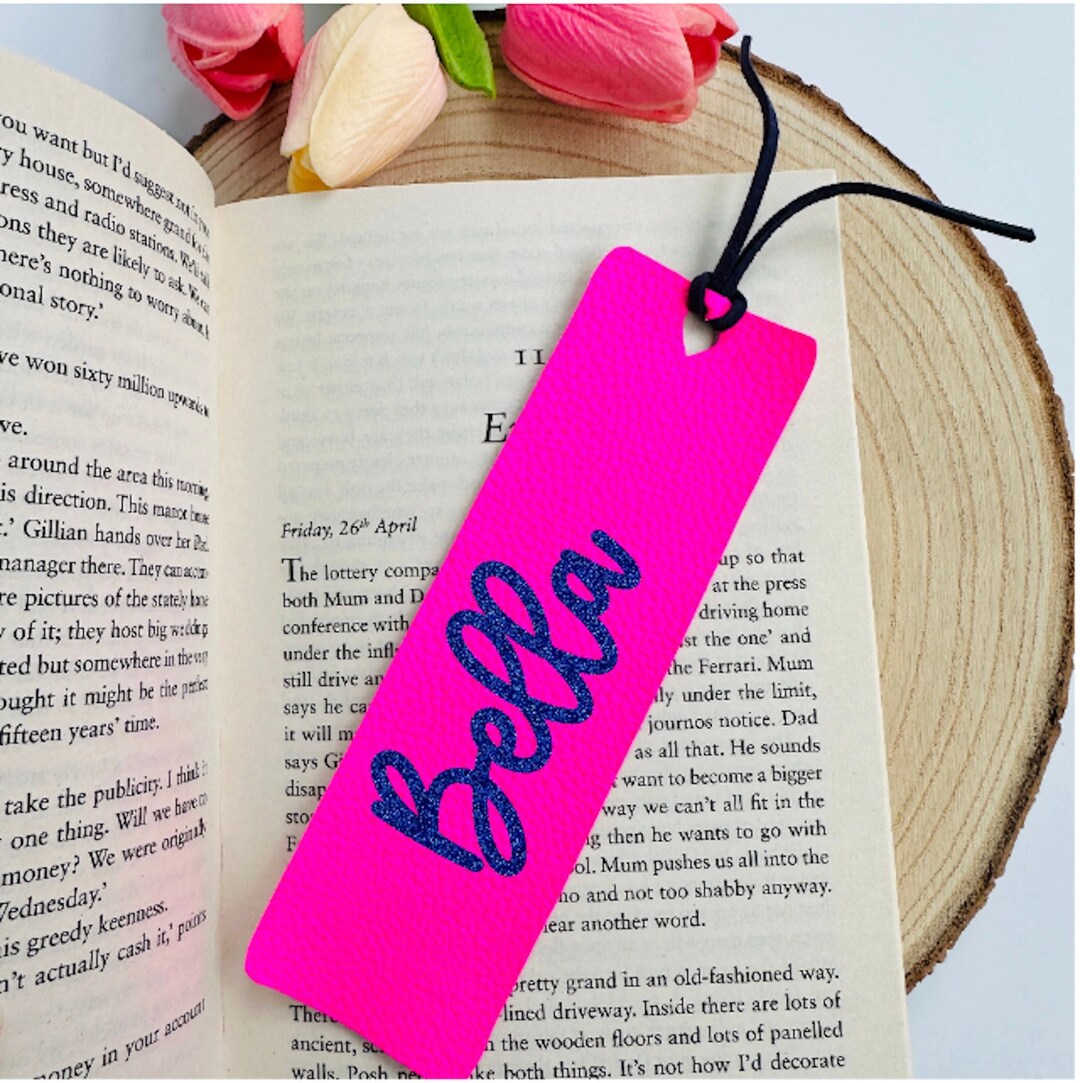 Neon Pink Bookmark With Name, Personalised Vegan Leather and Glitter ...