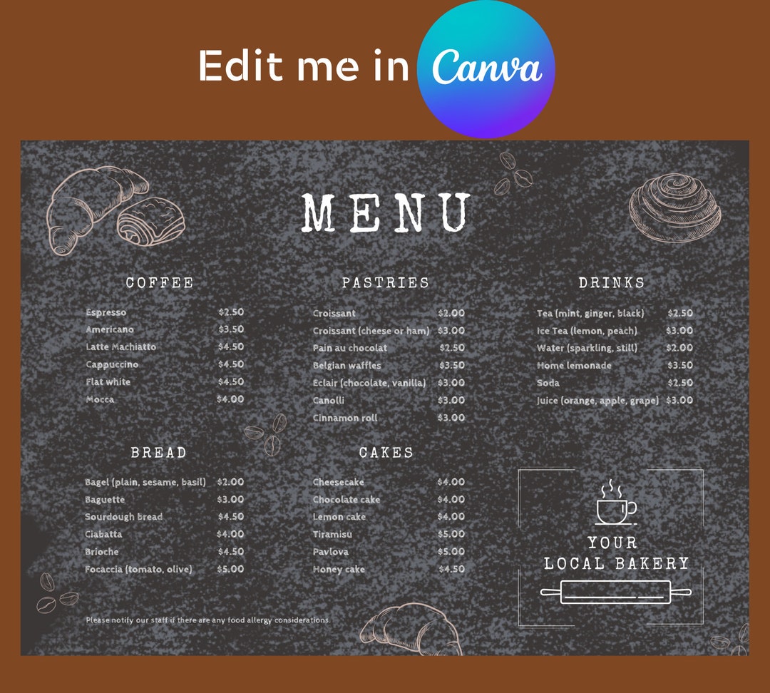 Rustic Bakery Menu Template for Canva | Edit Your Own Custom Minimal ...