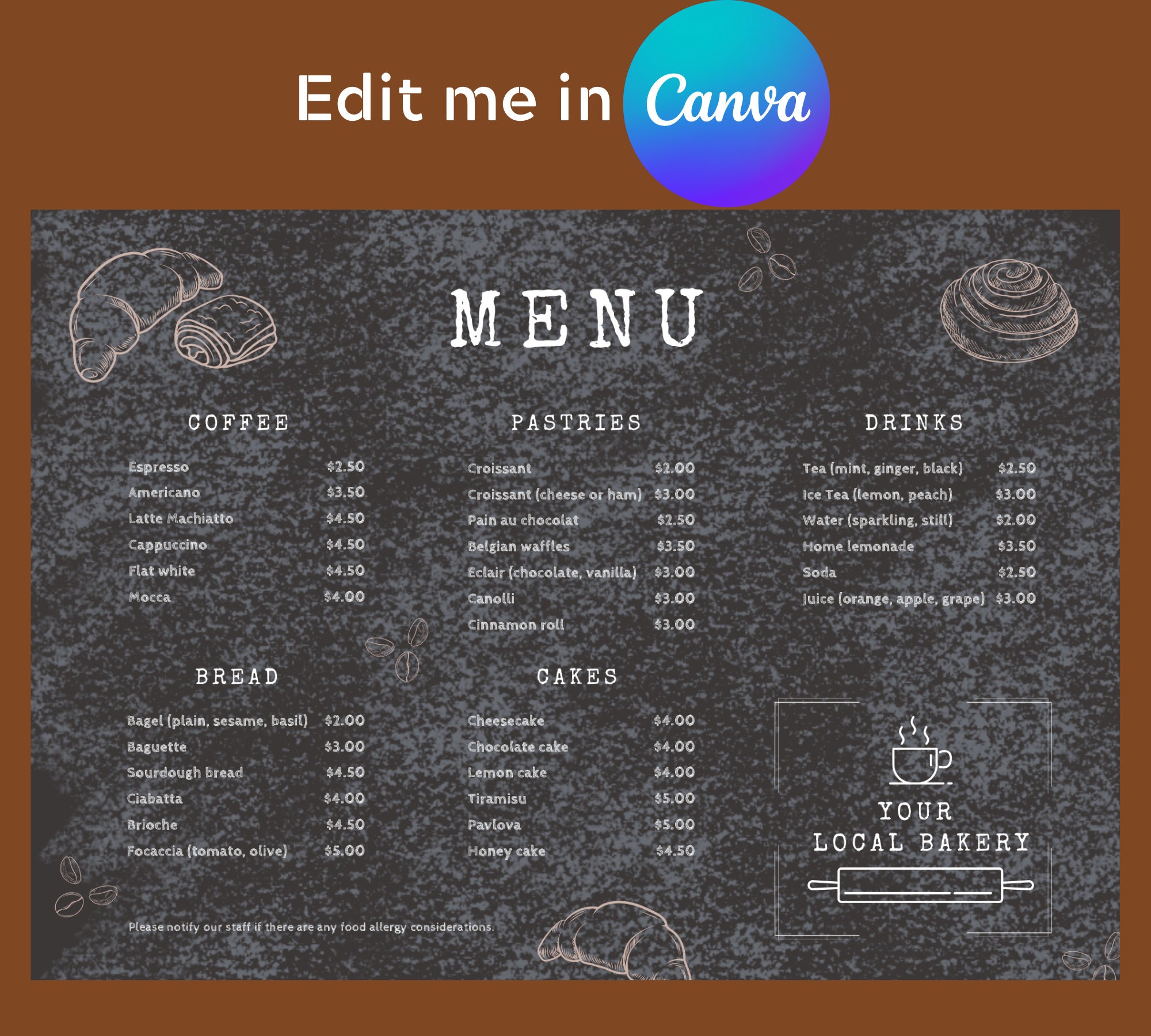 Rustic Bakery Menu Template for Canva Edit Your Own Custom Minimal ...
