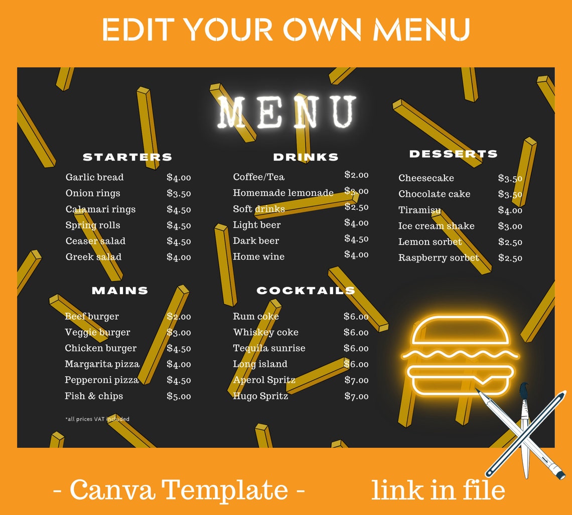 Burger MENU Template for Canva Ready to Edit Your Own Food and Drink ...