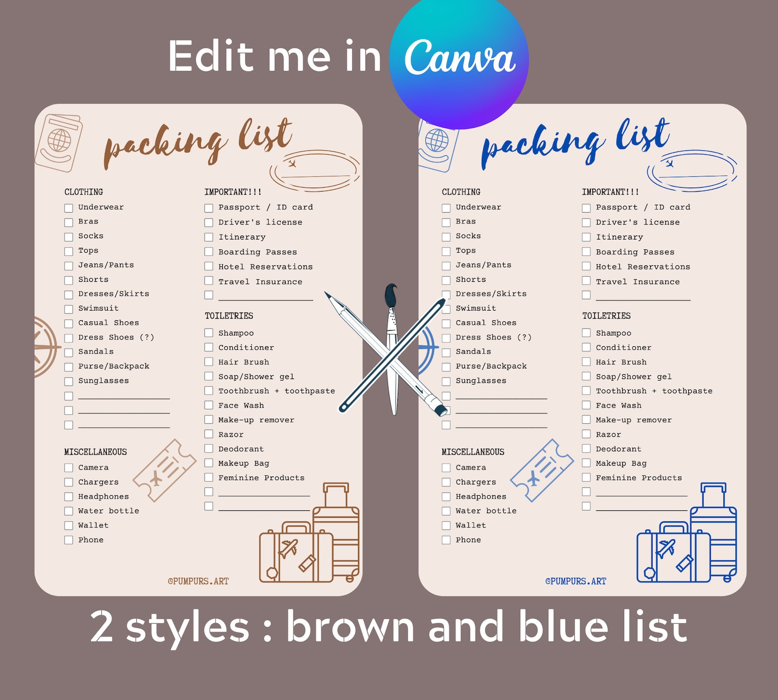 Packing List CANVA TEMPLATE | Edit Your Own Travel Packing Checklist ...
