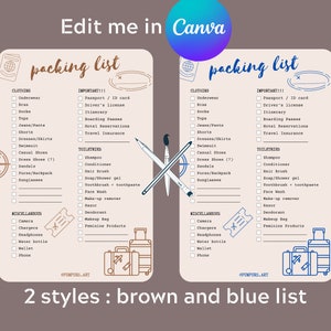 Packing List CANVA TEMPLATE | Edit Your Own Travel Packing Checklist ...