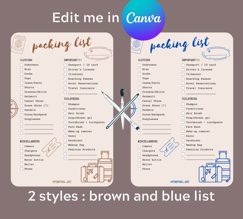 Packing List CANVA TEMPLATE | Edit Your Own Travel Packing Checklist ...