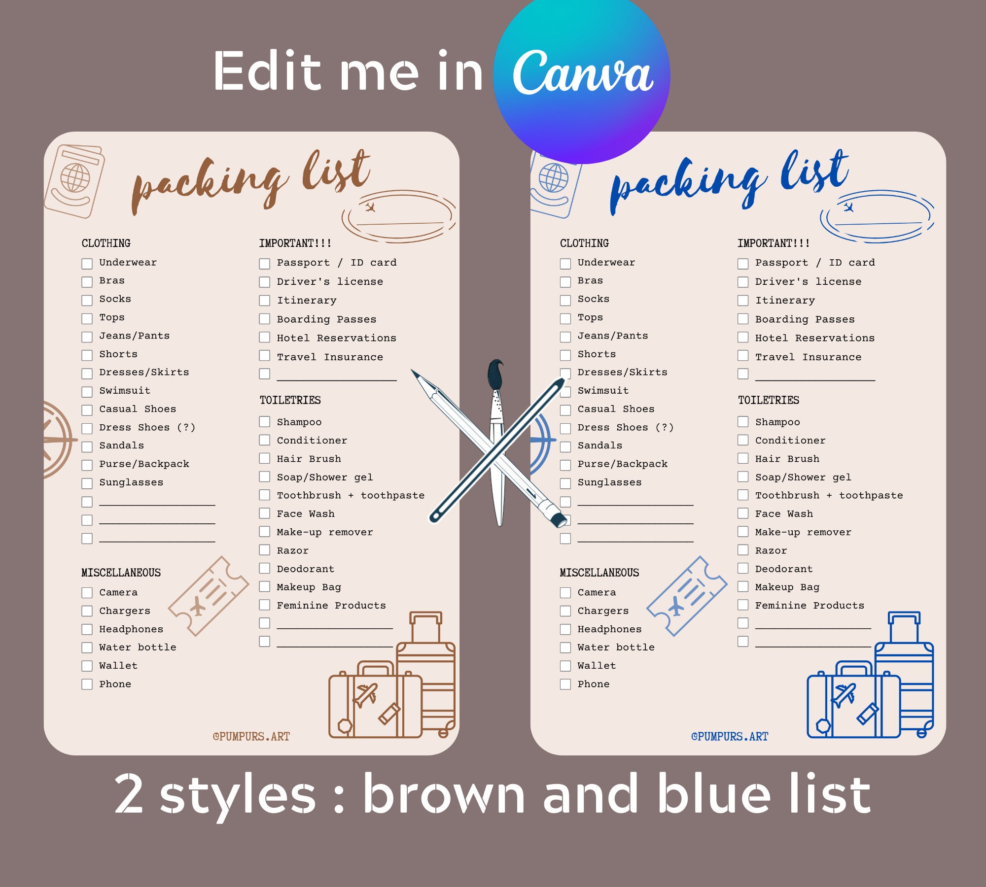 Packing List CANVA TEMPLATE | Edit Your Own Travel Packing Checklist ...