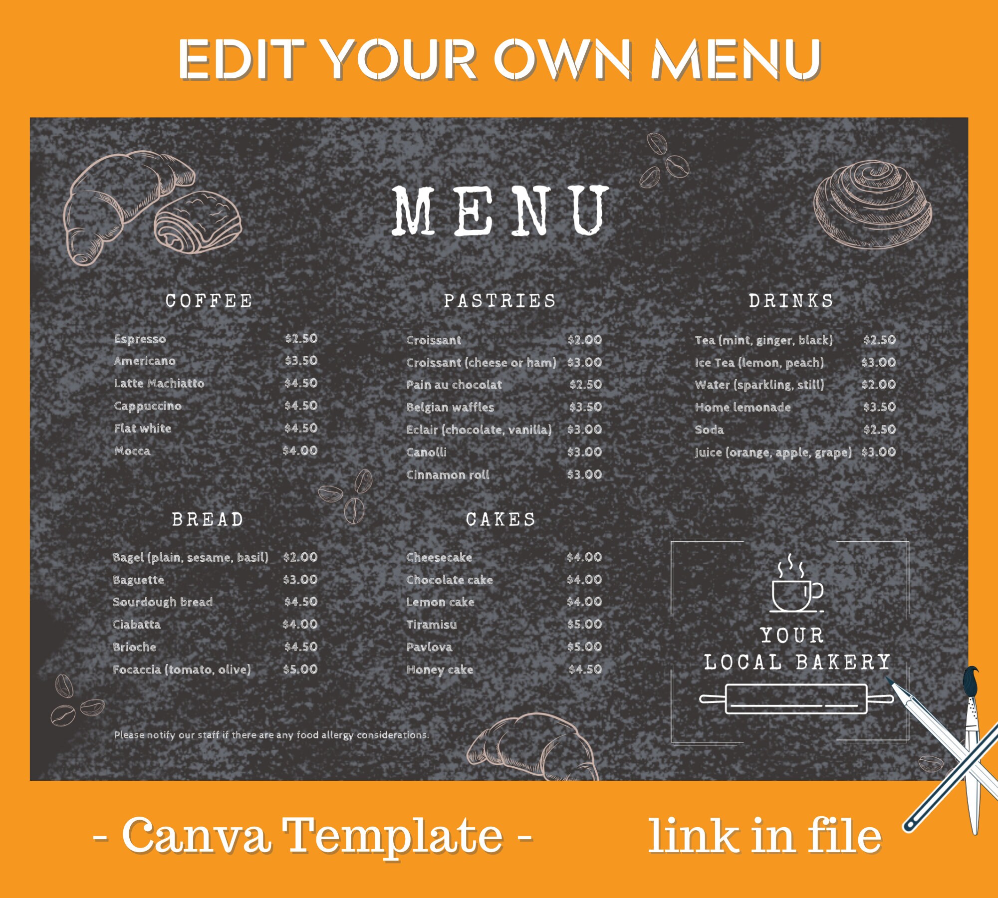 Rustic Bakery Menu Template for Canva Edit Your Own Custom Minimal ...