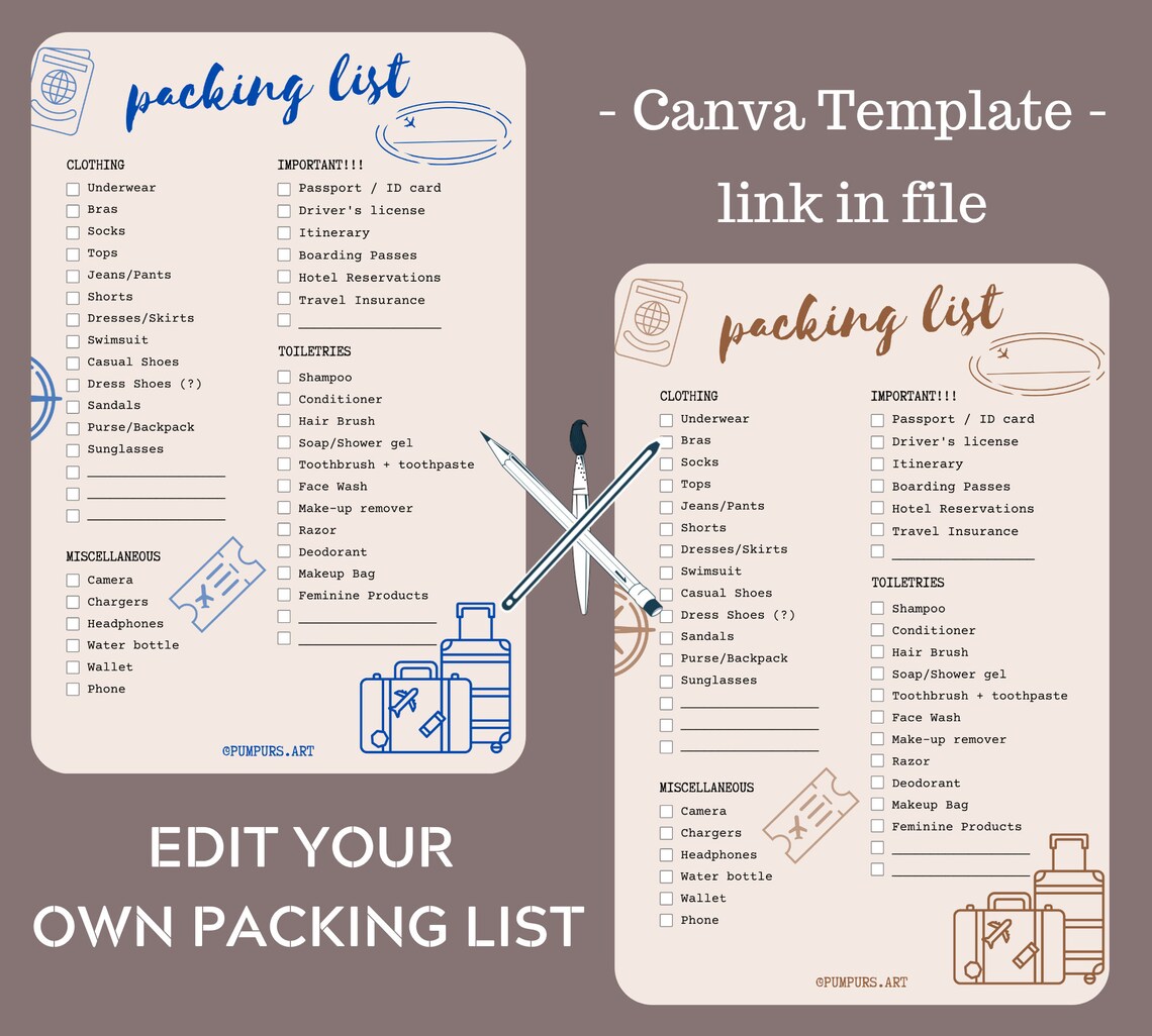 Packing List CANVA TEMPLATE | Edit Your Own Travel Packing Checklist ...
