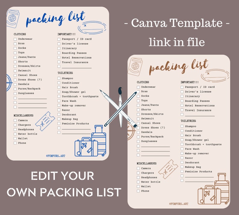 Packing List CANVA TEMPLATE | Edit Your Own Travel Packing Checklist ...