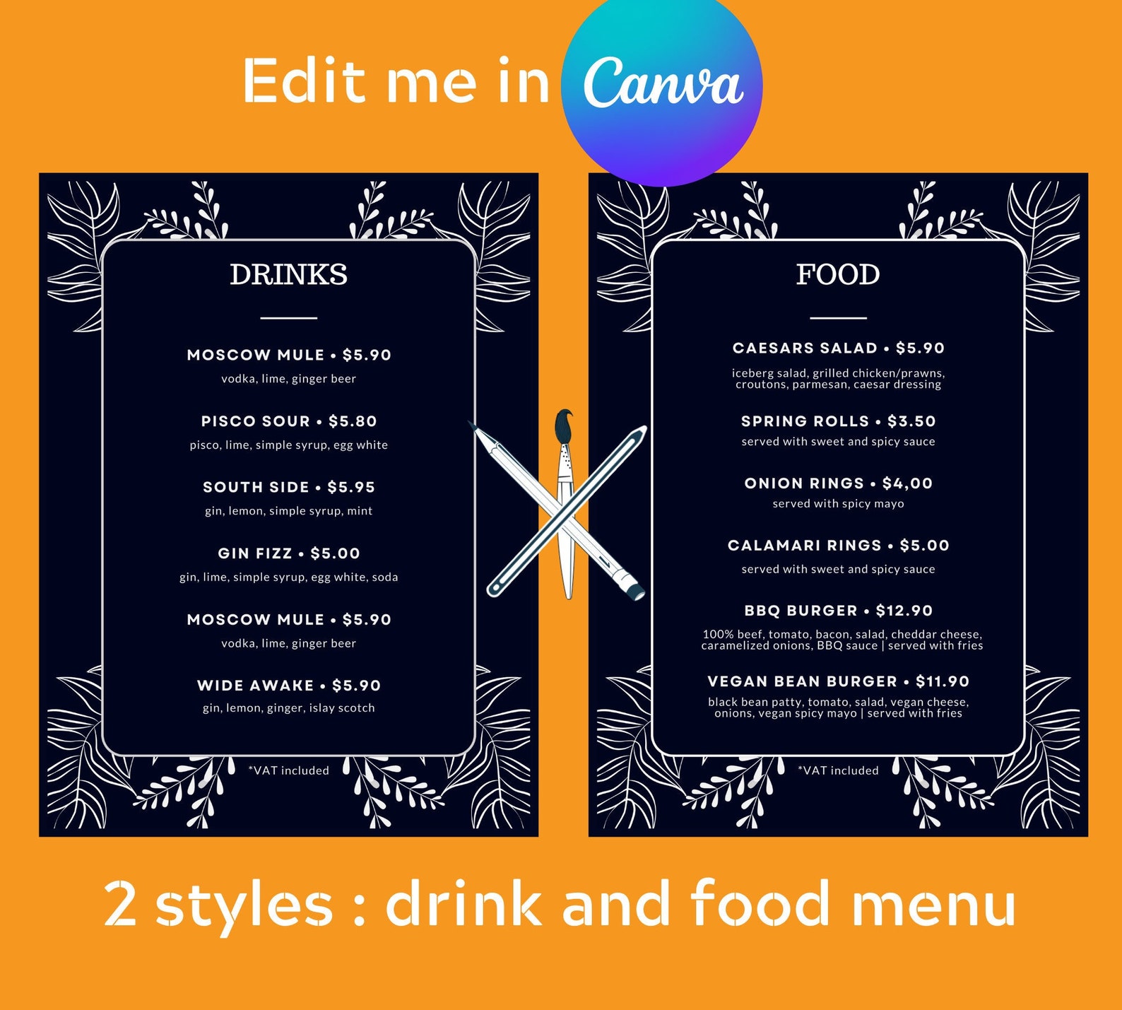 Menu CANVA Template Drink and Food Menu Template for Edit - Etsy