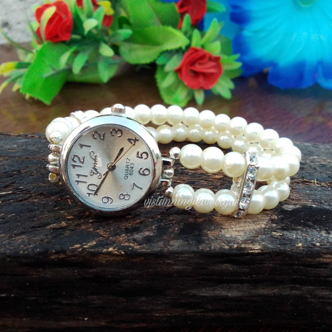 Beaded Bracelet Watch - Gemstone White Freshwater Pearl Bracelet Watch in Stainless Steel ...