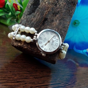 Beaded Bracelet Watch - Gemstone White Freshwater Pearl Bracelet Watch in Stainless Steel ...