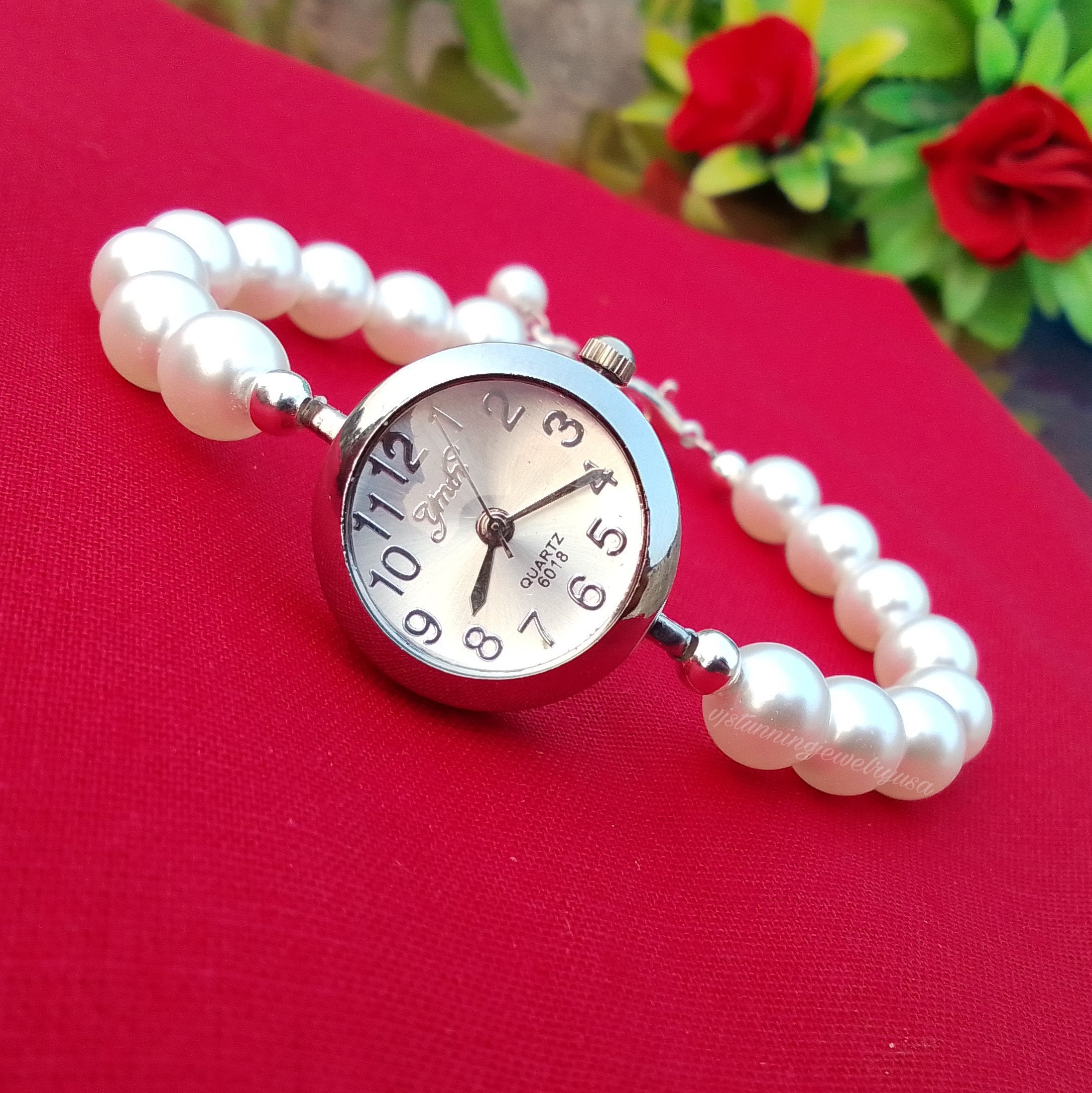 Beaded Bracelet Watch White Freshwater Pearl Bracelet Watch in Stainless Steel Ladies Watch ...