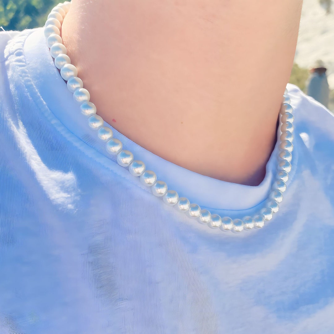 Mens 8mm Pearl Necklace, Mens Pearl Necklace Acrylic Pearls, Stainless ...
