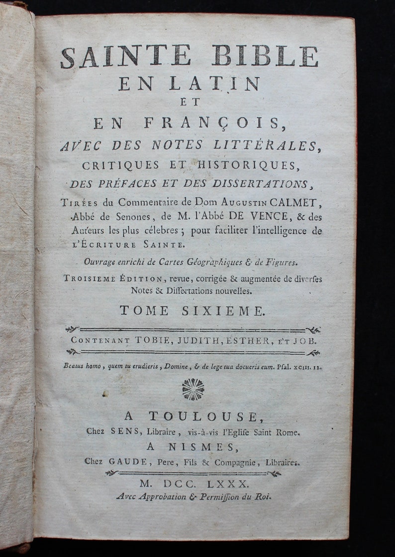 1780 Antique Bible Tobit, Judith, Esther & Job Text in Latin and French ...