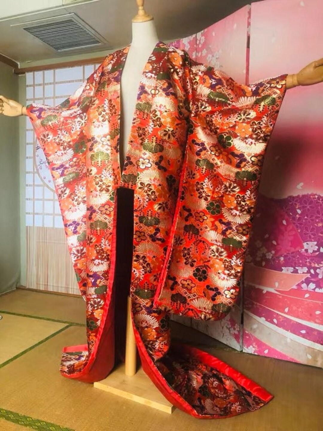 Personalised Red Japanese Brocade Kimono Uchikake / Custom-fit Japanese ...