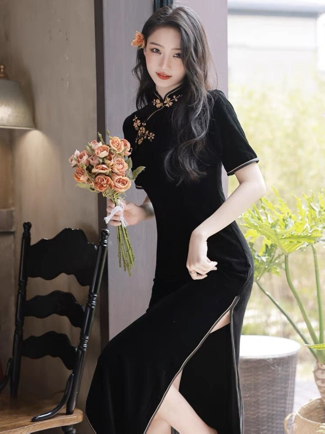 M to 4XL Black Velvet Qipao, Traditional Chinese Qipao Dress, Chinese ...