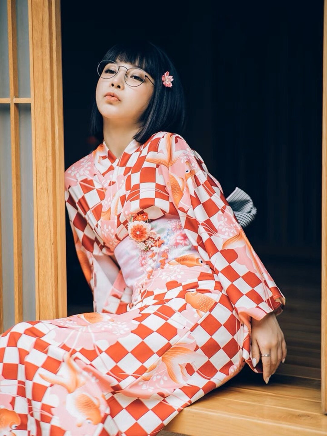 Japanese Checker Goldfish Kimono With Obi Belt Set watch the Video for ...