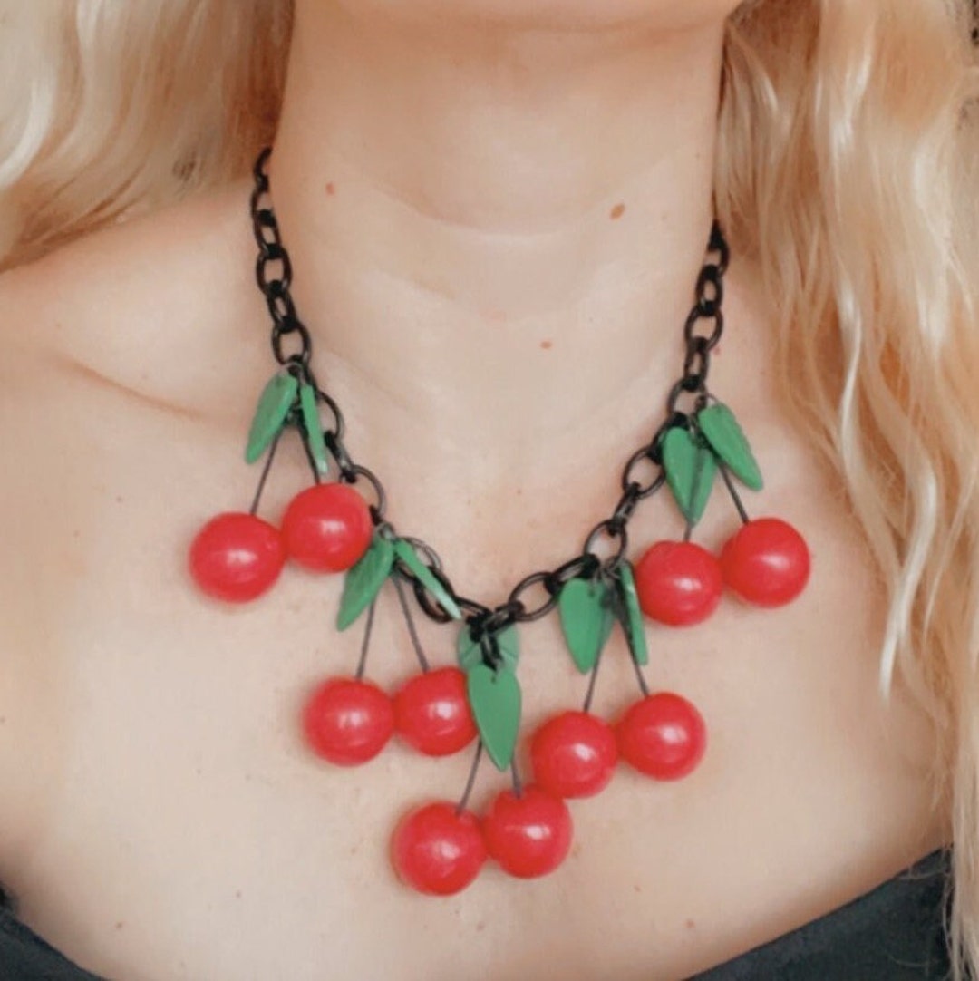 Vintage Marion Godart Iconic Red Cherry, Green Leaf and Black Plastic ...