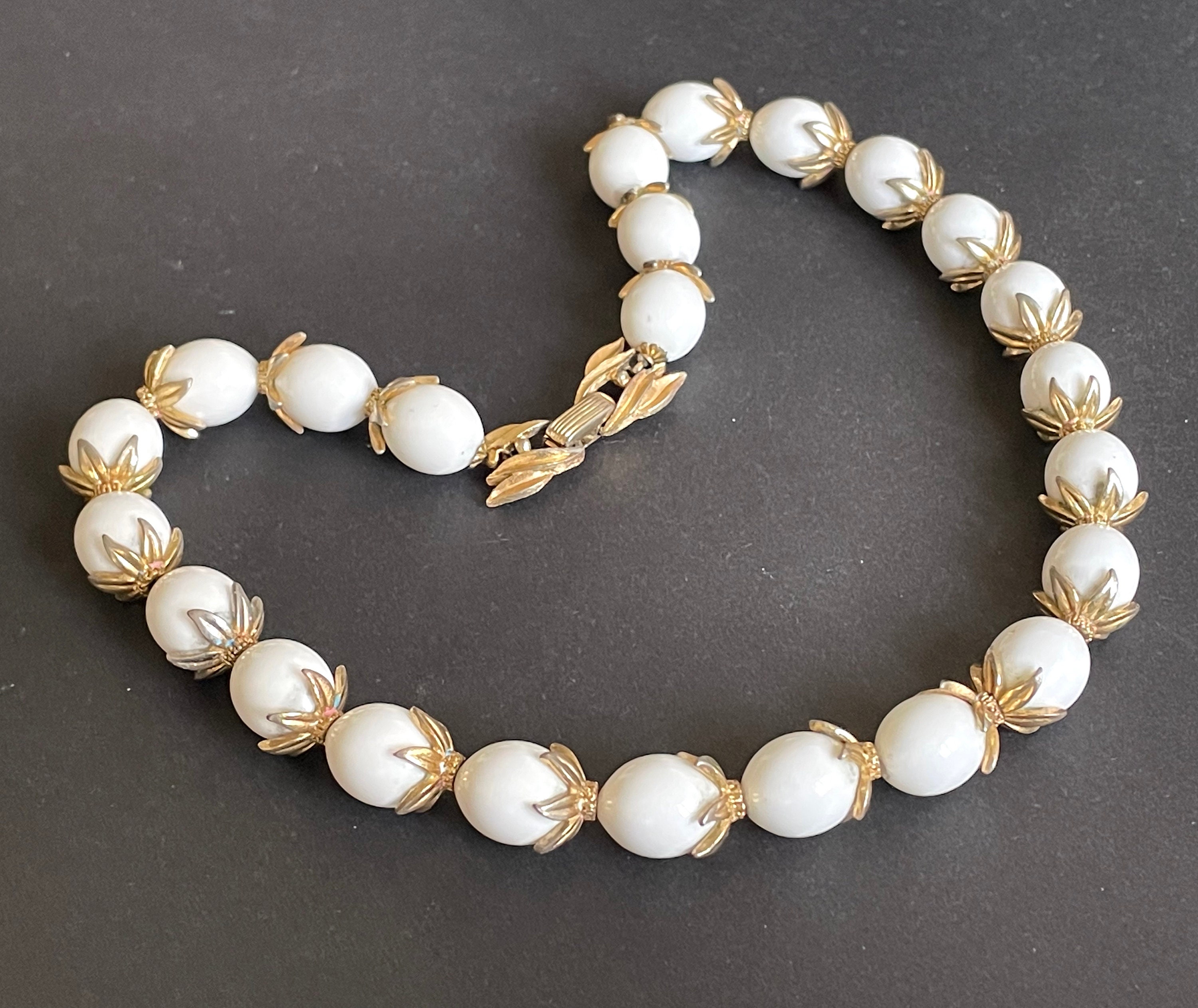 Vintage Signed Trifari White Plastic Bead and Gold Tone Choker Necklace ...