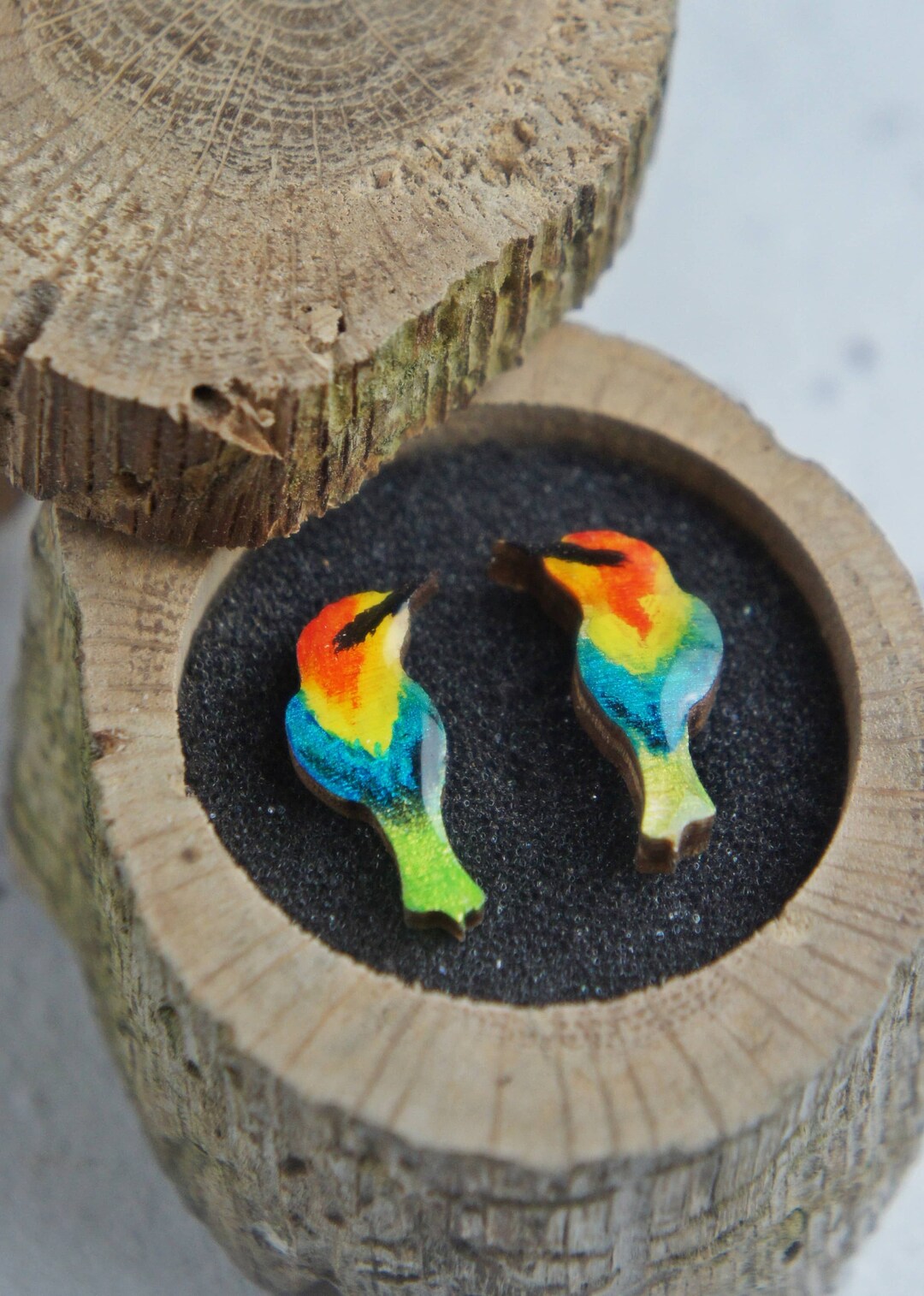 Nature-inspired Hand-painted Earrings - Bee-eater Bird, Wooden Stud ...