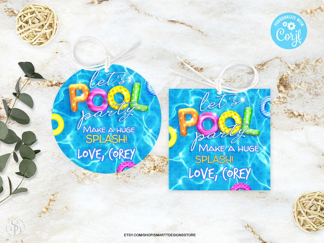Editable Pool Party Favor Tags, Gender Neutral Swimming Birthday Thank ...