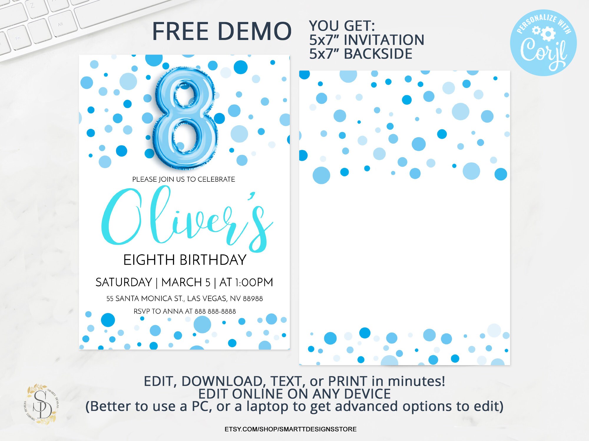 Boy 8th Birthday Invitation: Blue Polka Dot Design (digital) - Etsy