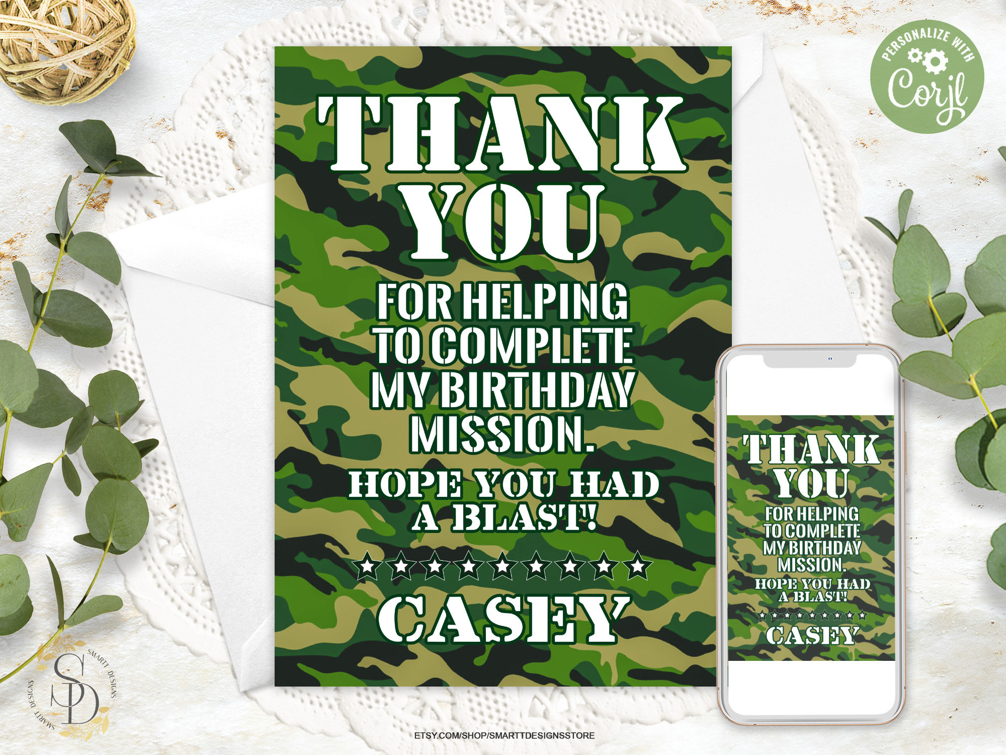 Editable Army Birthday Thank You Card, Camouflage Party Thank You Note ...
