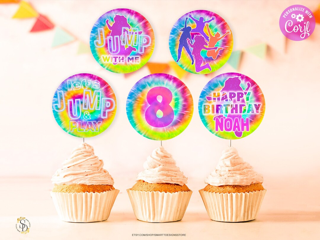 Tie Dye Jump Birthday Cupcake Toppers: Editable Party Decor - Etsy