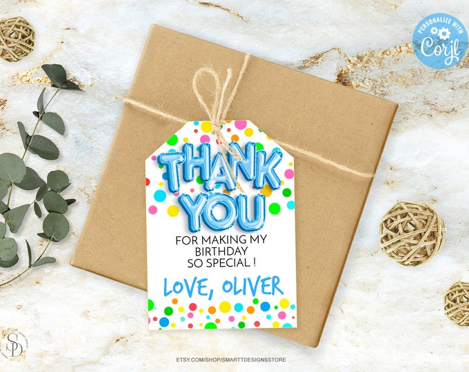 Editable Polka Dot Birthday Thank You Tag: Blue Balloons (digital) - Etsy