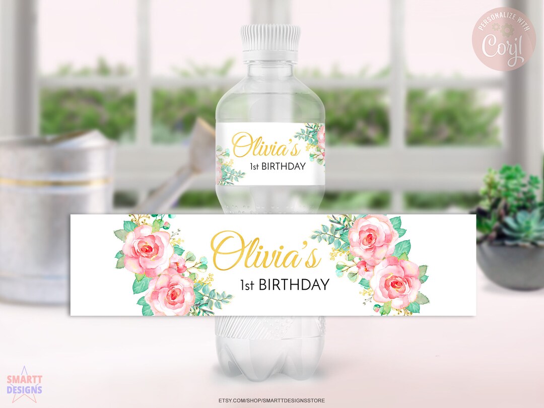 Editable Flowers Bottle Label, Blush Pink Gold Roses Water Sticker ...
