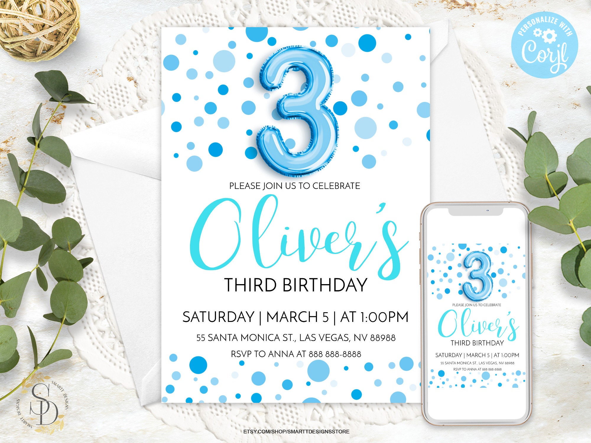 Editable Boy Third Birthday Invitation, Boy 3rd Birthday Party Polka ...
