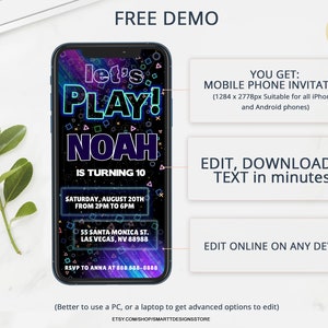 Editable Playground Birthday Invite, Video Game Party Phone Invitation ...