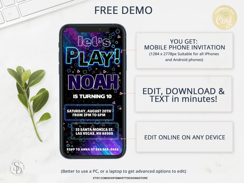 Editable Playground Birthday Invite, Video Game Party Phone Invitation ...