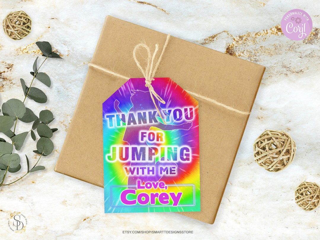 Editable Jump Birthday Party Gift Labels, Tie Dye Trampoline Party ...