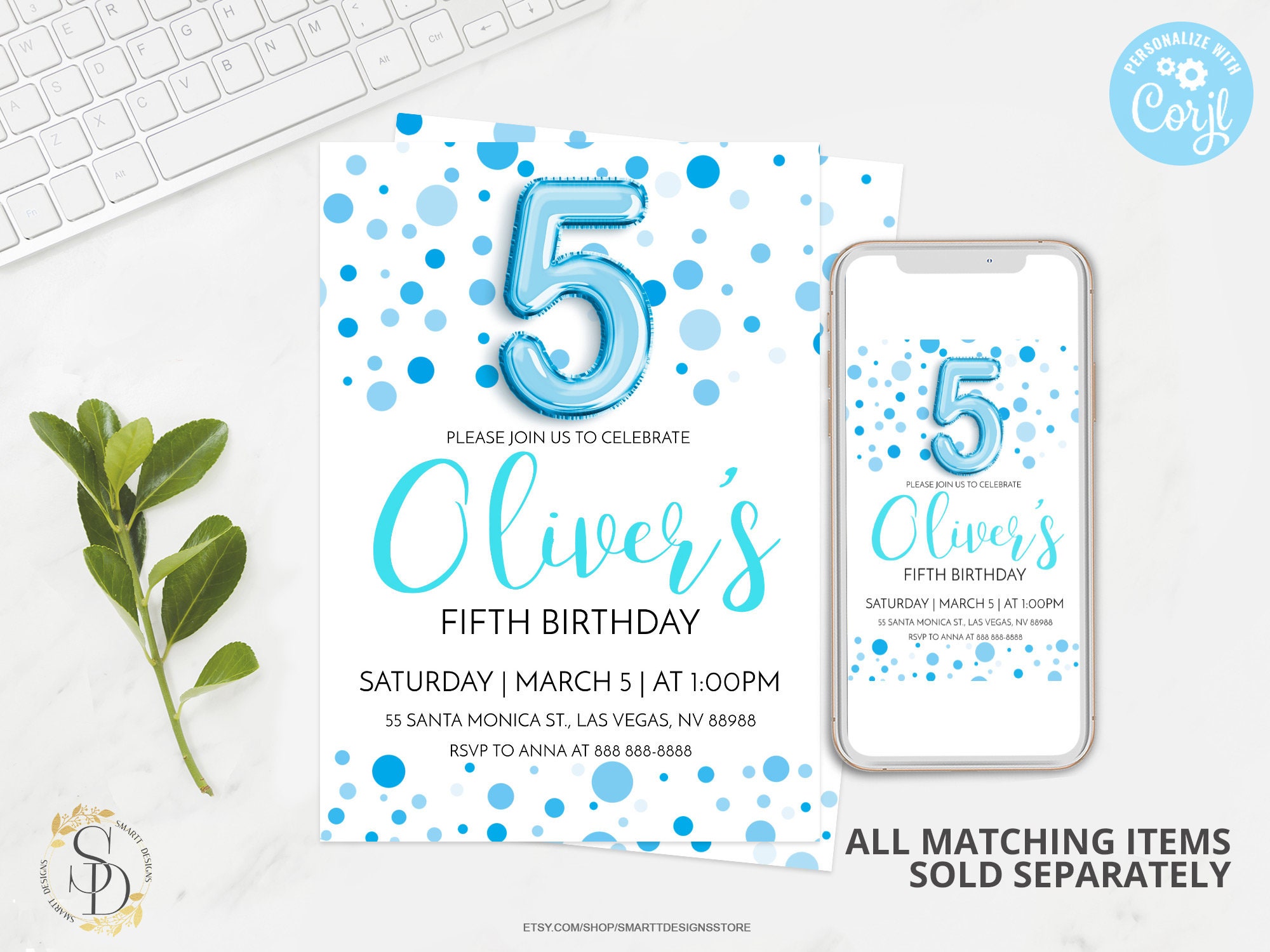 Blue Polka Dot 5th Birthday Invitation: Boy Balloon Party (digital) - Etsy