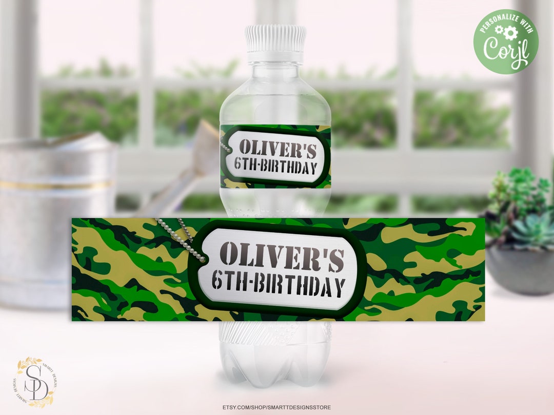 Editable Camo Birthday Water Bottle Labels: Military Party Stickers ...