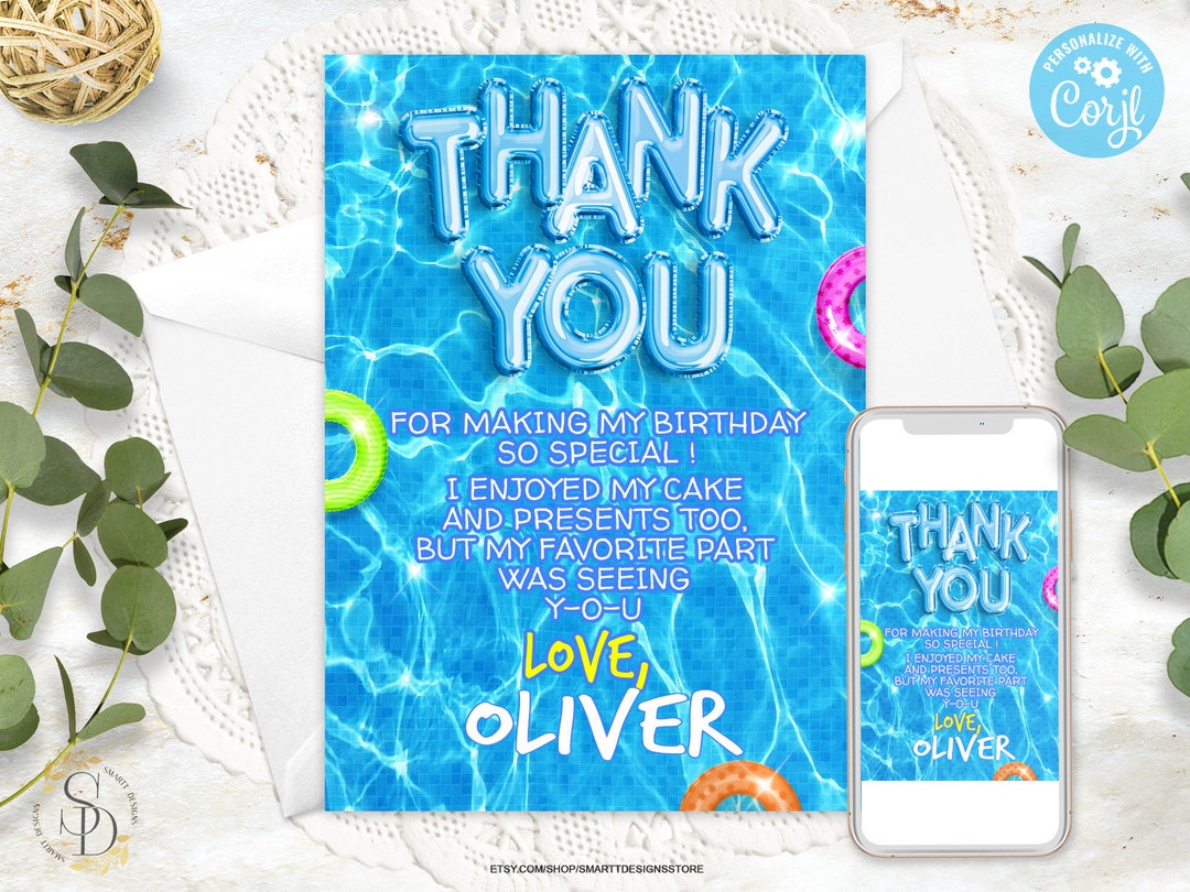 Editable Pool Birthday Party Thank You Card, Summer Pool Party Thank ...